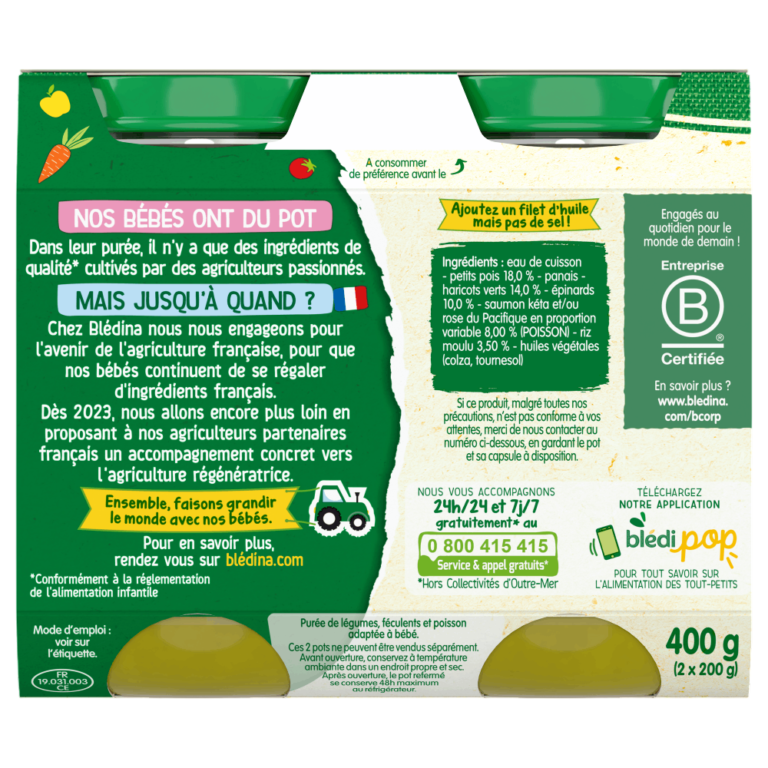Blédina Petits pots – Légumes verts Riz Saumon du Pacifique 2x200g ...